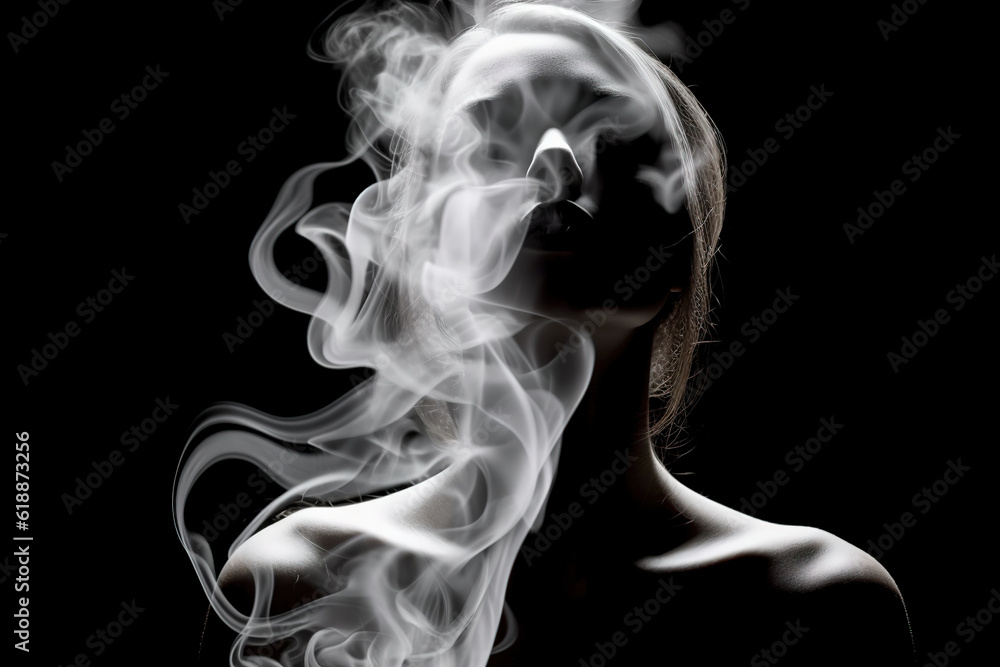 black and white portrait of Beautiful silhouette woman with smoke ...