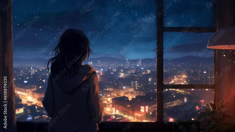 Lonely anime girl stargazing at night. Milky way over the city lights ...
