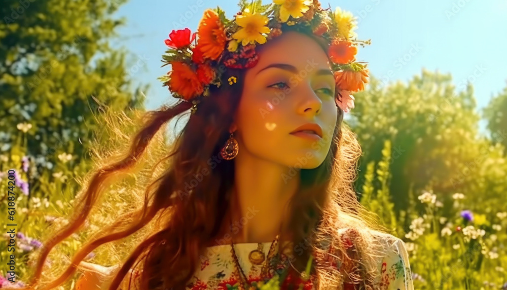 Beautiful girl with wildflowers in the midsummer sun celebrating ...