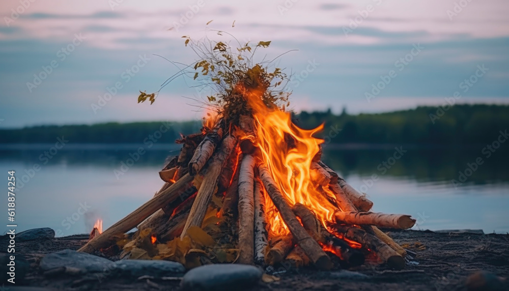 Midsummer solstice bonfire by a lake in the afternoon. Generative AI ...