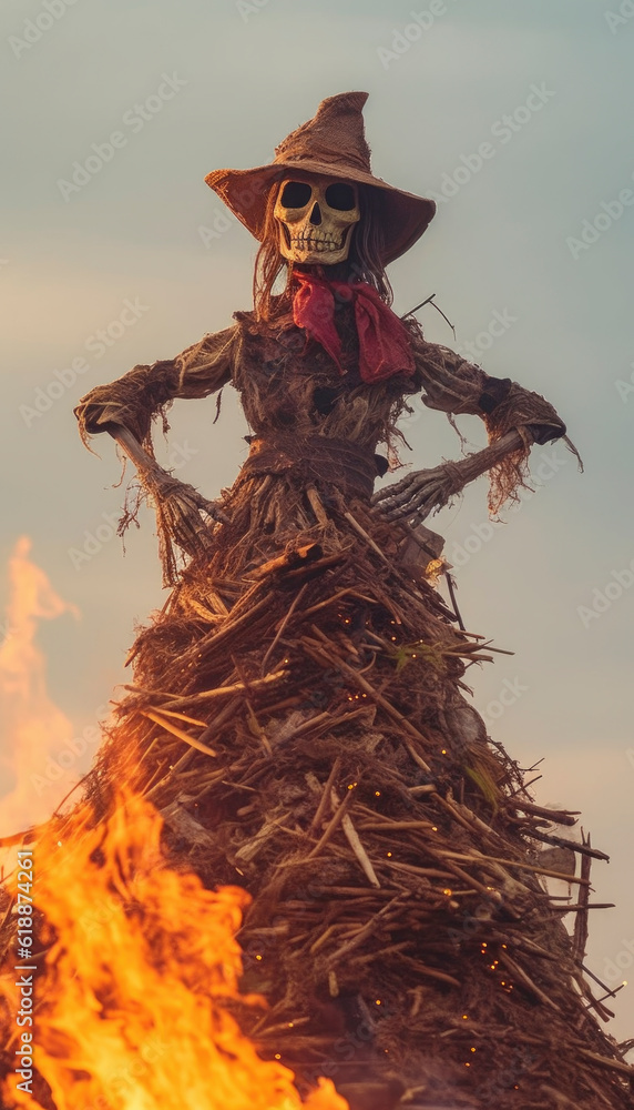 Witch burning on a bonfire at a summer solstice ritual. Generative AI ...