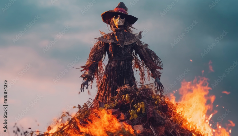 Witch burning on a bonfire at a summer solstice ritual. Generative AI illustrations Stock ...