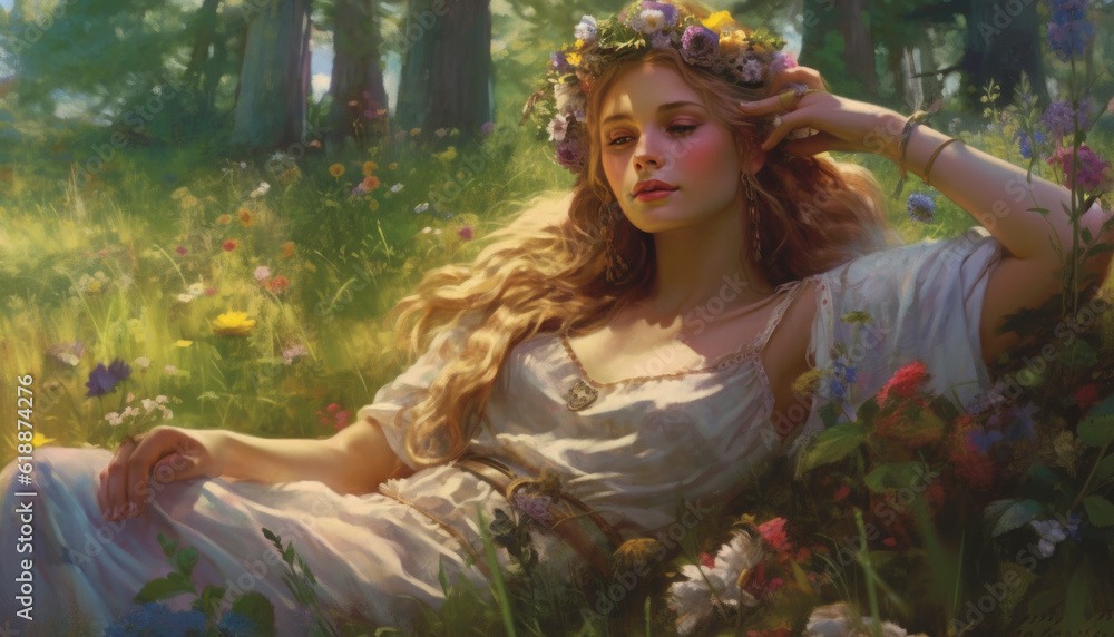 Beautiful girl with wildflowers in the midsummer sun celebrating ...