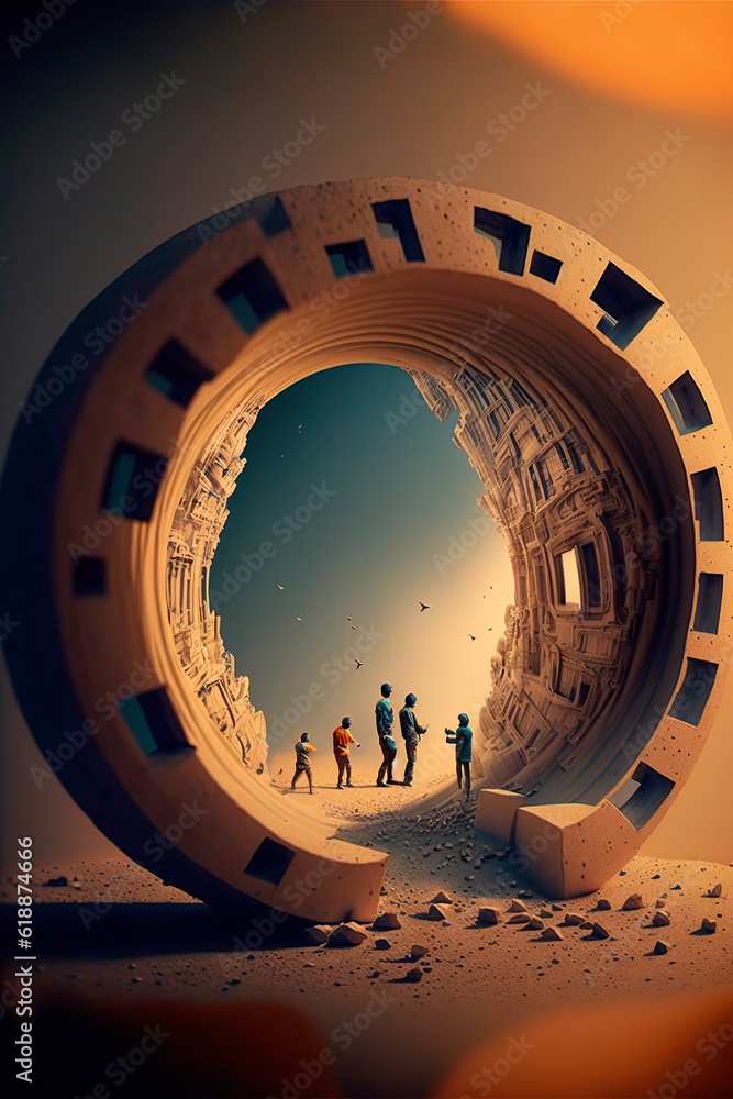 person in the tunnel, illustration of a portal to another dimension, in ...