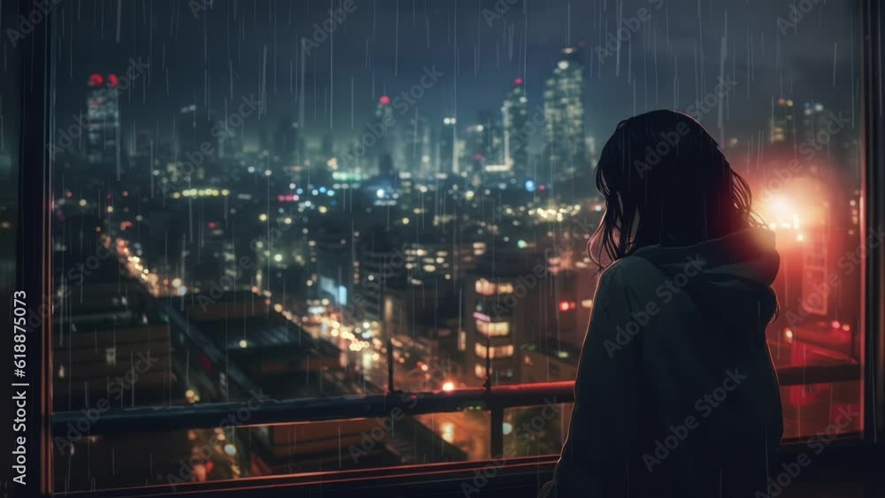 Sad girl by the window looking at the storm outside. Rainy night. Young ...