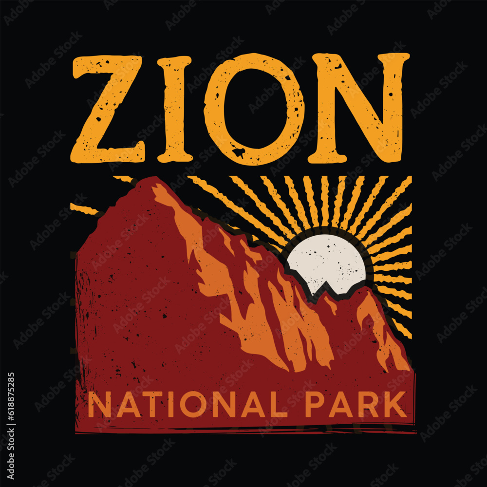 vector illustration of Zion National Park with a shining sun in retro ...
