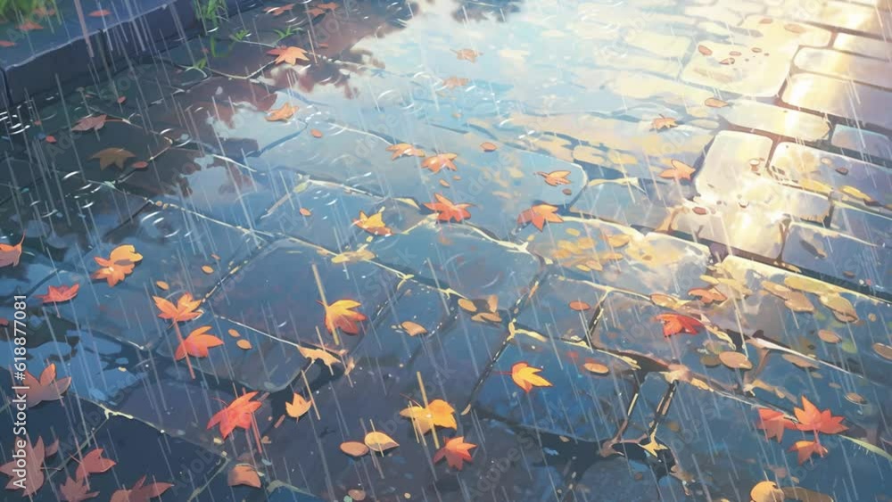 Rain is falling down on the flooded sidewalk with autumn leaves laying ...