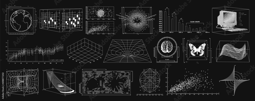 Wireframe of geometric shapes. 3D retro futuristic blueprints of ...