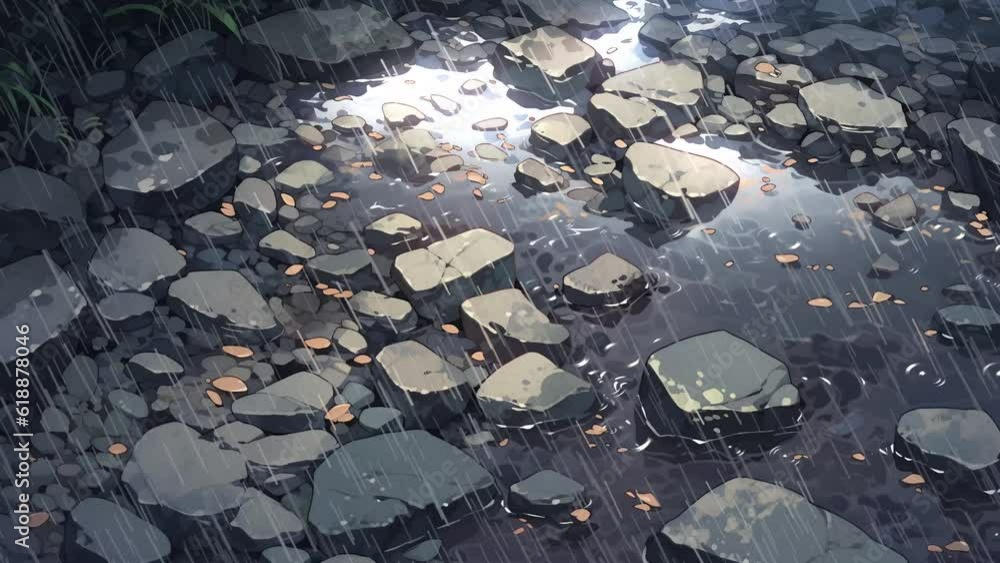 Rainwater in the forest with rocks and leaves, anime style loop ...