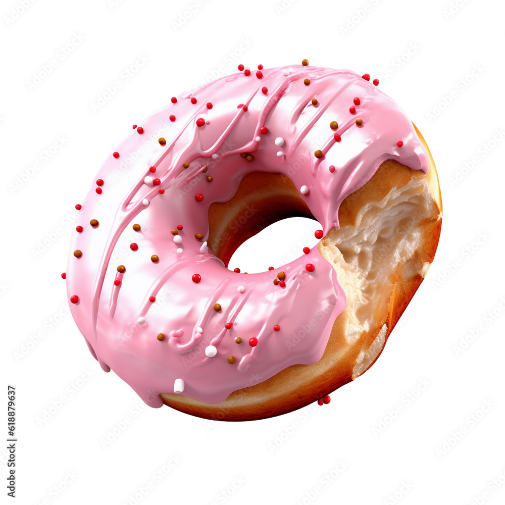 Bitten pink donut with sprinkles and pink glaze, partially eaten ...