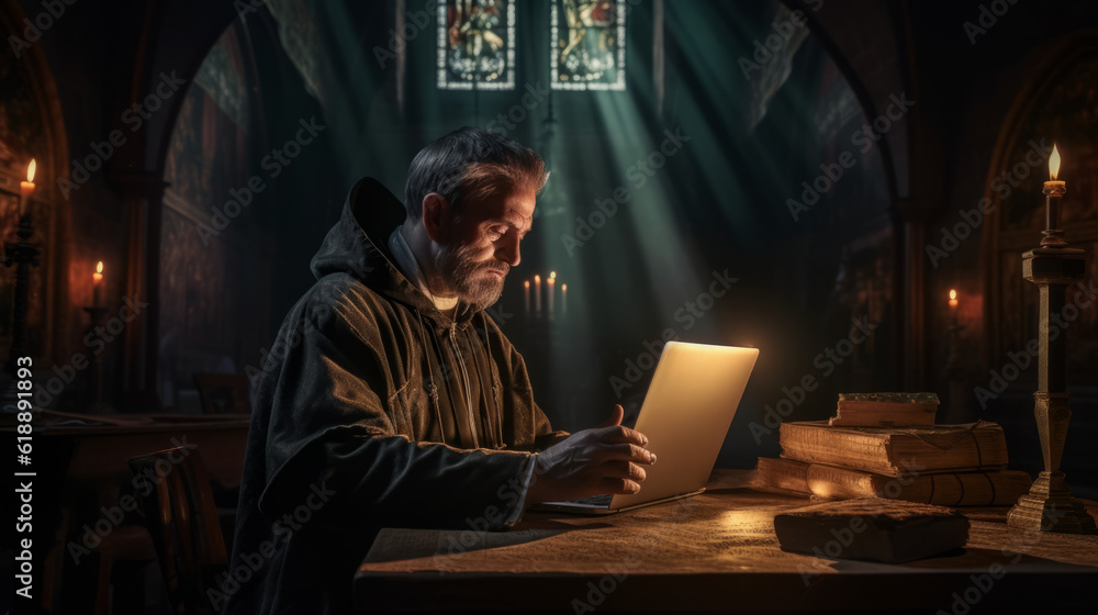 Portrait of a priest in a temple with a laptop, a shepherd in a cassock ...
