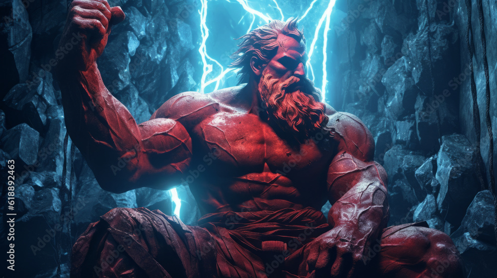 The male figure of a mythological deity, a muscular Zeus in lightning ...
