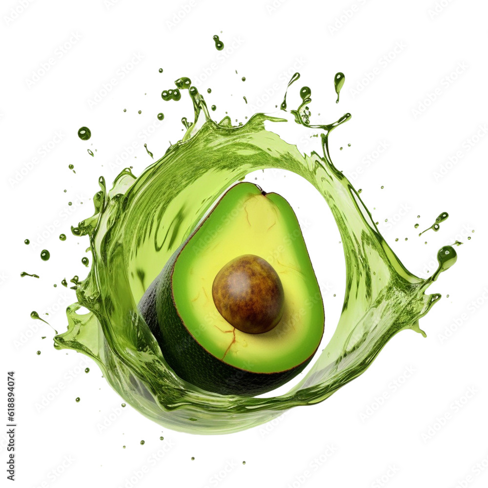 Dynamic Splash circular of Avocado with Green Water Liquid on Isolated ...