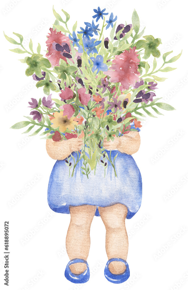 Watercolor little girl with flowers. Cute kids illustration. Baby Girl ...