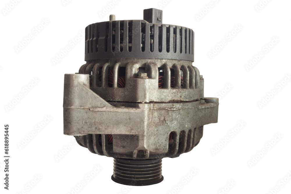 car alternator standing on its pulley. aluminium alloy housing with ...