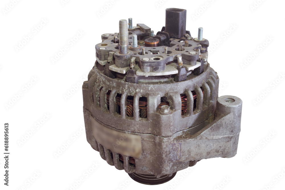 car alternator standing on its pulley. showing rectifier diode pack and ...