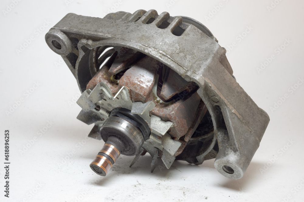 car old alternator details. metal fan under roller bearing. slip rings ...