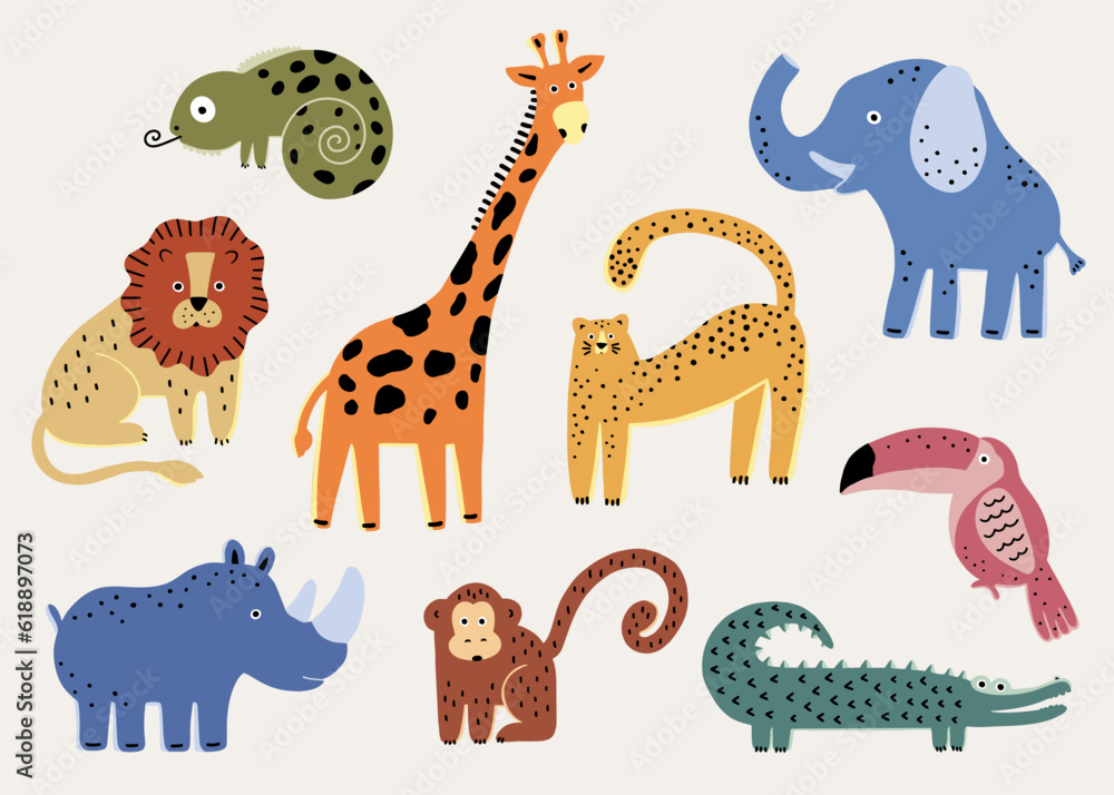 Cute jungle animals vector clipart. Set of flat simple illustrations ...