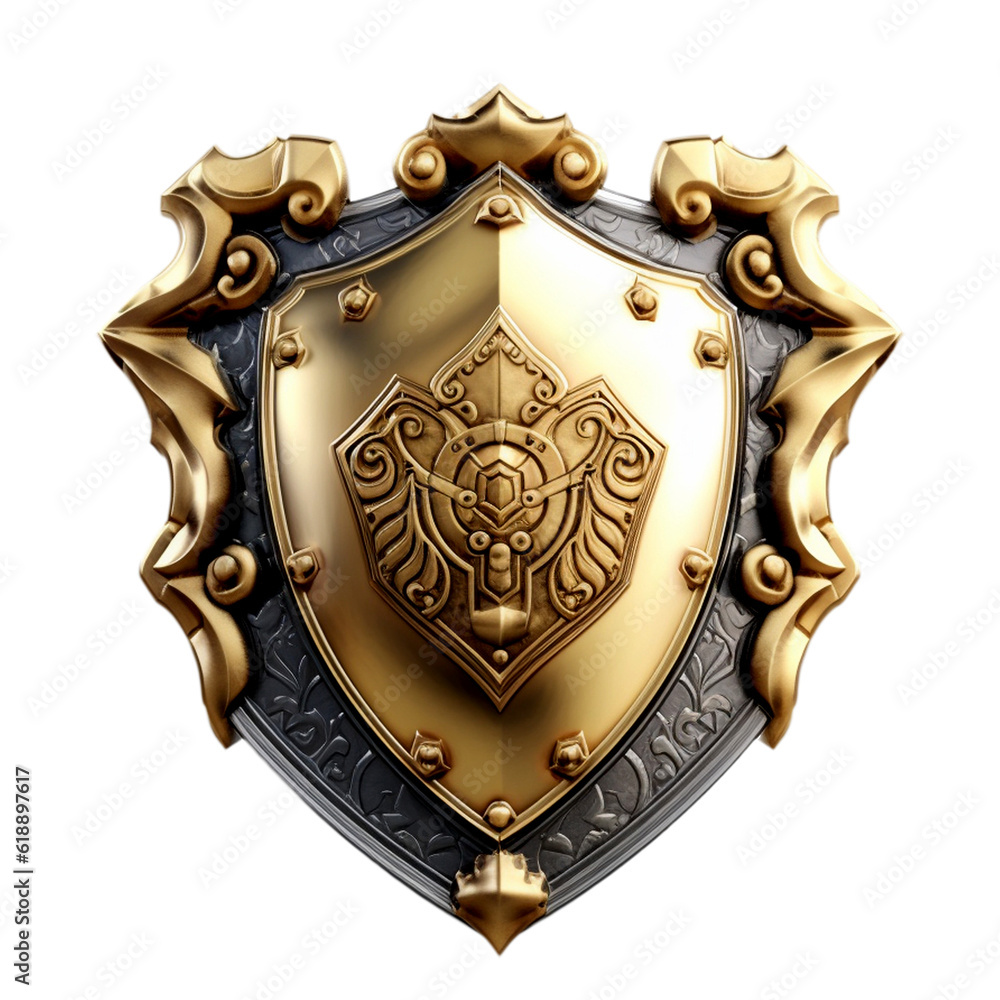 Intricate 3D Golden Shield Design on Isolated Transparent Background ...