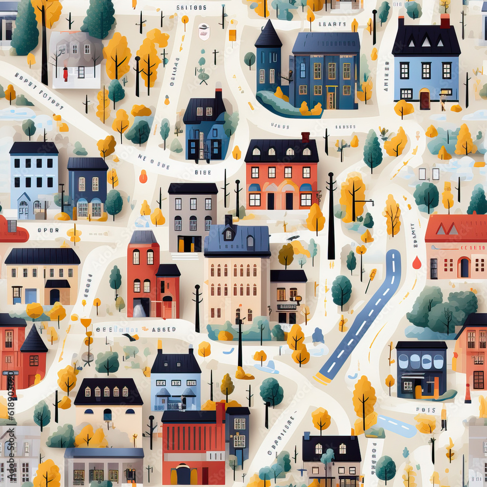 Cartoon city aerial view map, street view and houses, living ...