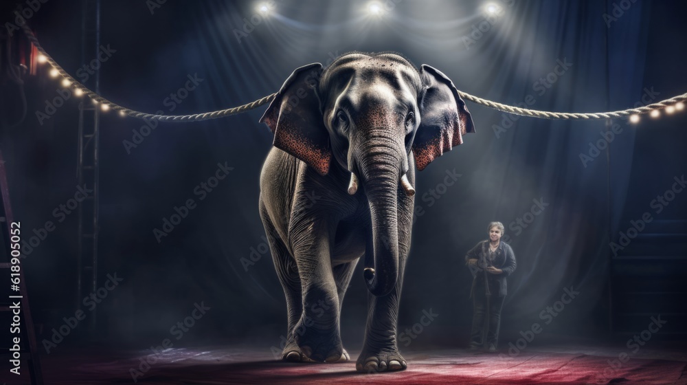 An animal trainer with a slan in the circus arena, an elephant shows ...