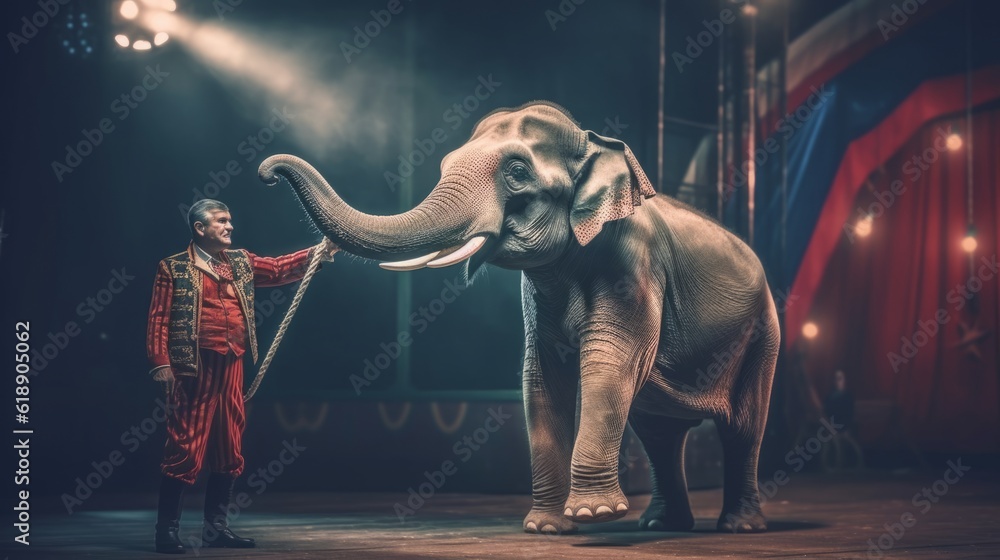An animal trainer with a slan in the circus arena, an elephant shows ...