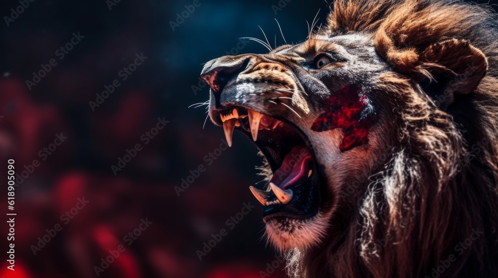 Portrait of a huge roaring lion. An old lion with scars and bloodied ...