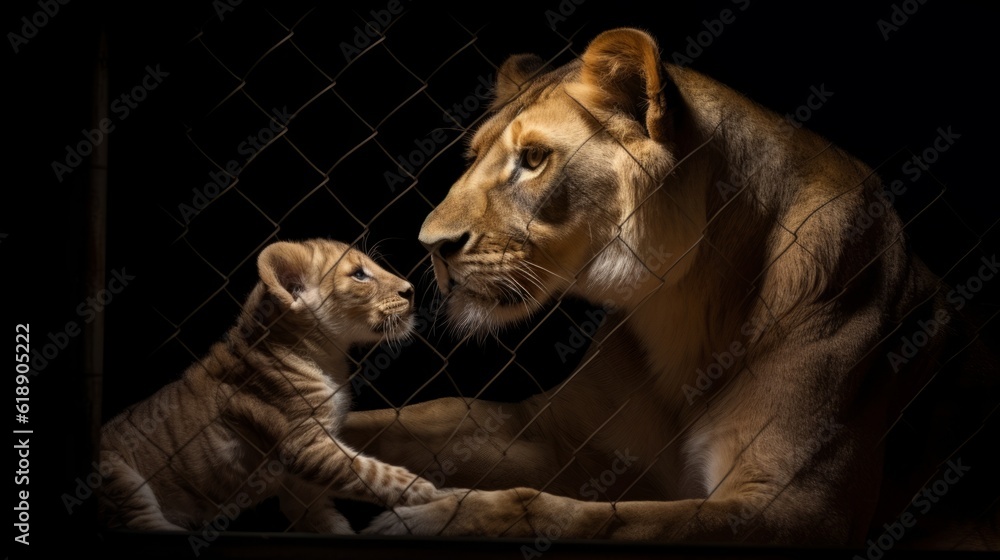 Gorgeous wild lioness with a lion cub in a circus, in captivity, on a ...