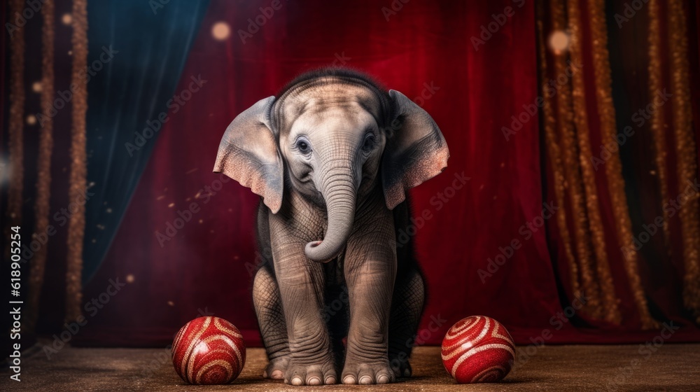A beautiful little elephant in the circus shows various tricks ...