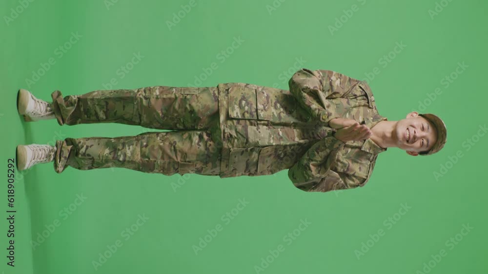 Full Body Of Asian Man Soldier Smiling And Clapping His Hands While ...