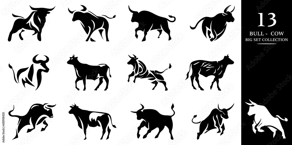 Bull and Cow set. Premium logo. Stylized silhouettes of bull and cow ...
