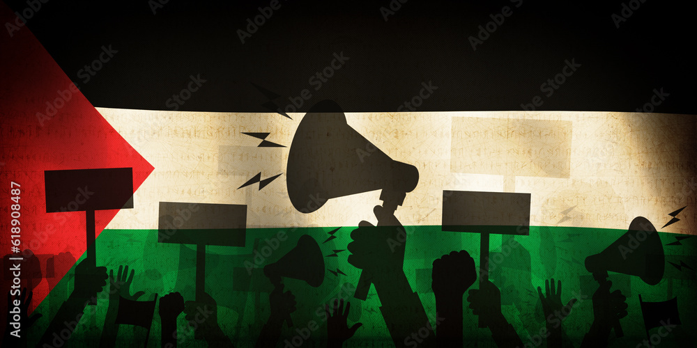 Palestine flag with protest concept background design. Waving flag of ...