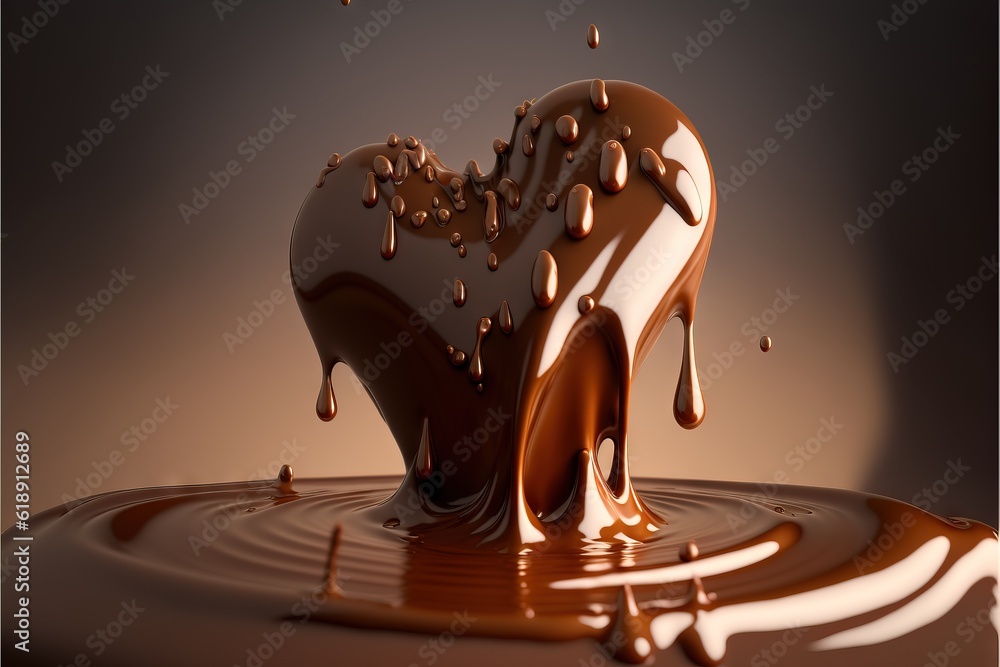 a heart shaped chocolate liquid splashing on top of a puddle of ...