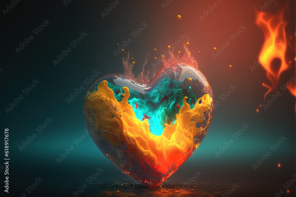 a heart shaped object with fire and water in the middle of it on a ...