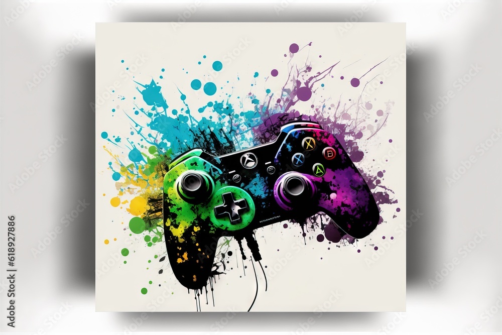 a painting of a video game controller with paint splatters on it's ...