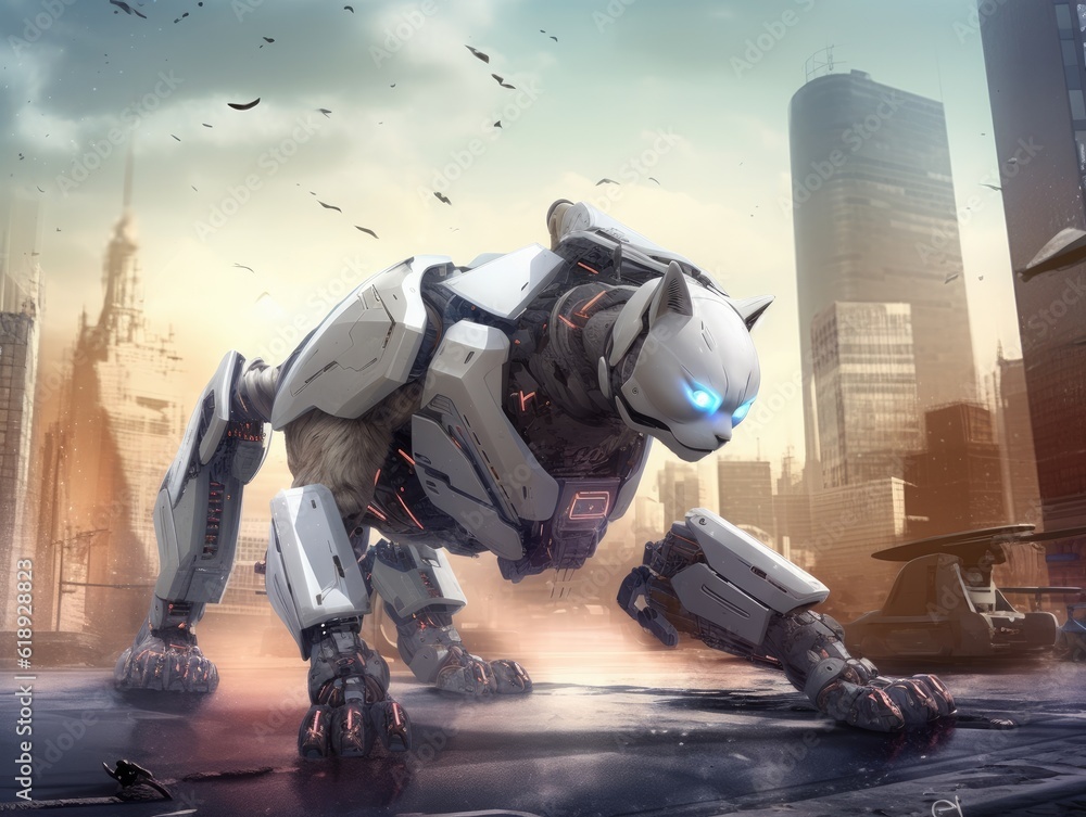 Generative AI image of brutal cartoon transformer cat with glowing blue ...