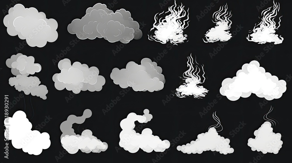 Cartoon smoke clouds Comic smoke flows dust smog black and white ...