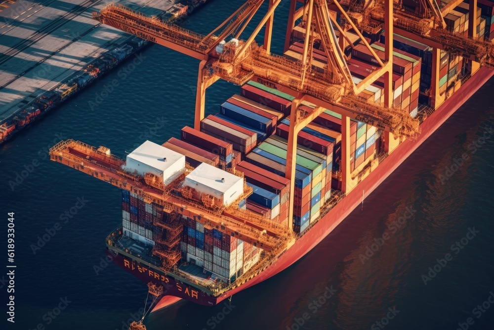 Aerial close up view of a cargo container ship. Fully loaded container ...