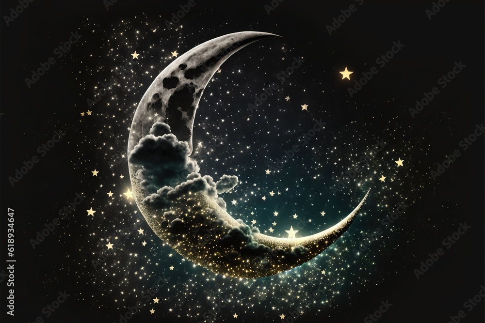 a crescent moon with stars in the night sky with a cloud in the shape ...