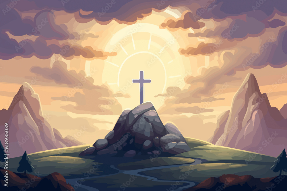 Sacred Significance: Cartoon Illustration of Sky over Golgotha Hill ...