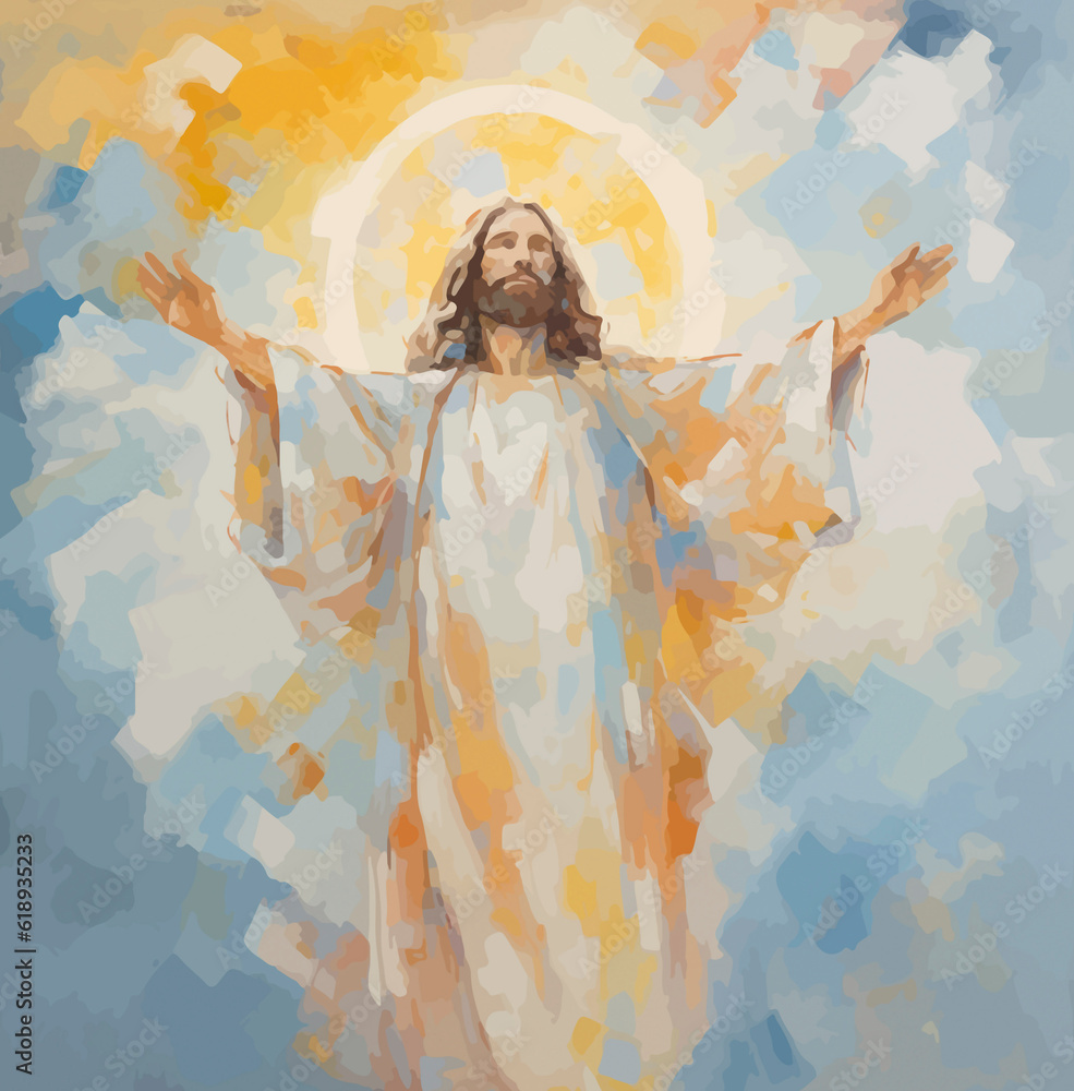 jesus stands with an open hand in the air above the clouds. AI ...