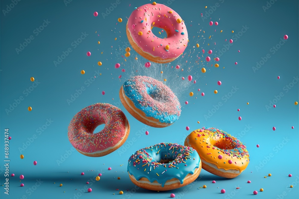 a group of doughnuts with sprinkles falling out of them on a blue ...