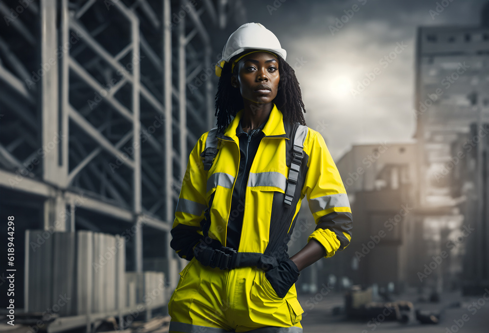 Black Female construction worker with workwear and protective safety ...