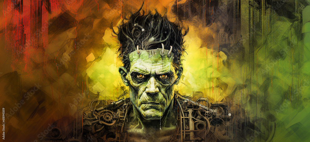 Artwork featuring the classic monster Frankenstein. His ugly face is ...