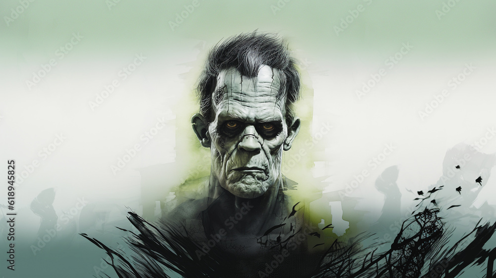 Artwork featuring the classic monster Frankenstein. His ugly face is ...
