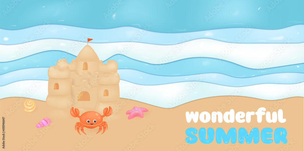 3D sand castle set, vector summer beach vacation , banner, red crab ...