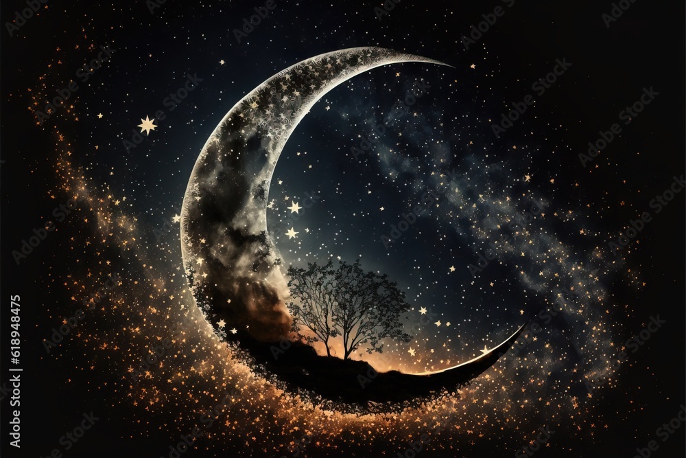 a crescent moon with a tree on a hill in the background and stars in ...
