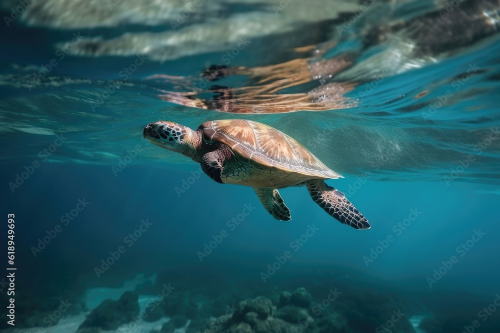 sea turtle swimming in clear blue water, its fins and flippers moving ...