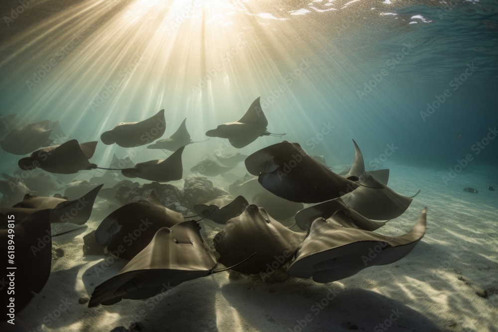 school of rays swimming in synchronous formation, their delicate fins ...