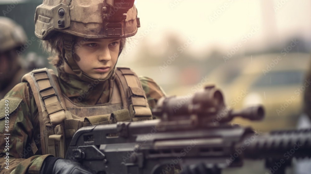 young girl, teenager teen, is soldier with machine gun and uniform and ...